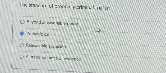 Solved The standard of proof in a criminal trial is. Beyond | Chegg.com