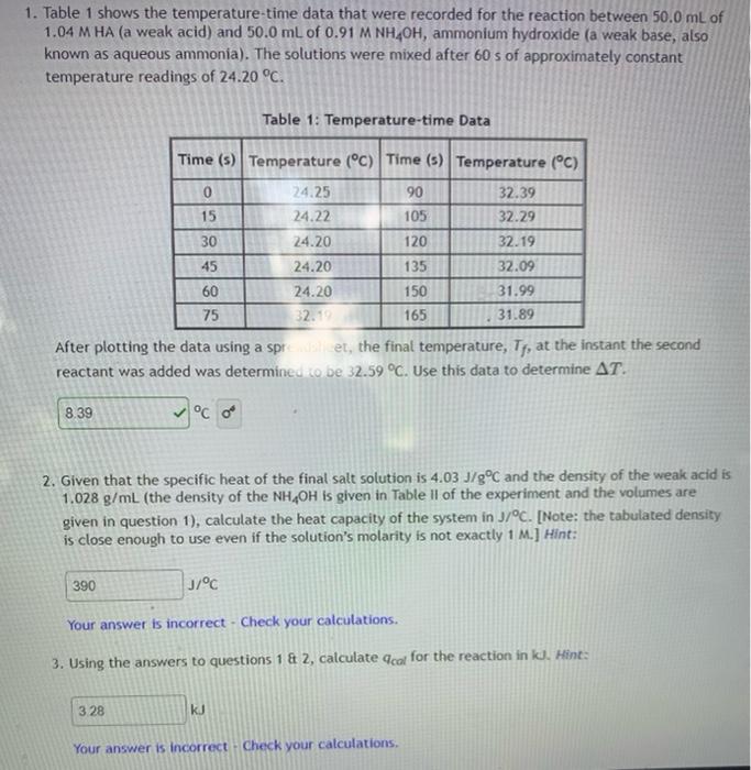Solved 1. Table 1 shows the temperature-time data that were | Chegg.com