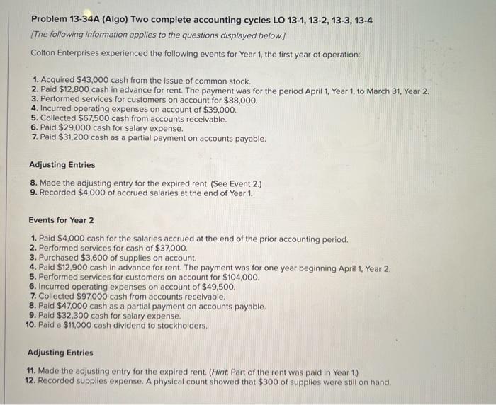 Solved Problem 13-34A (Algo) Two complete accounting cycles | Chegg.com