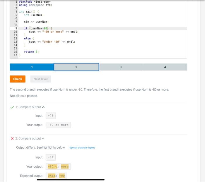 Solved The second branch executes if userNum is under −80. | Chegg.com