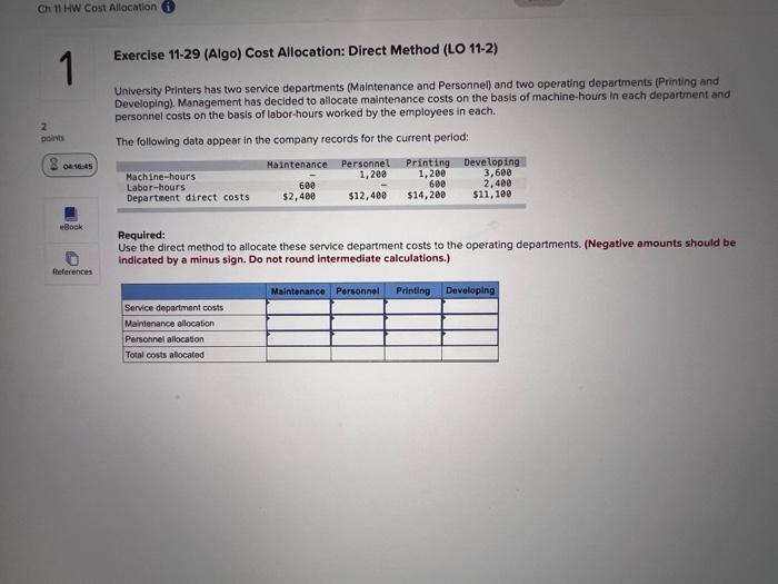 Solved Exercise 11-29 (Algo) Cost Allocation: Direct Method | Chegg.com