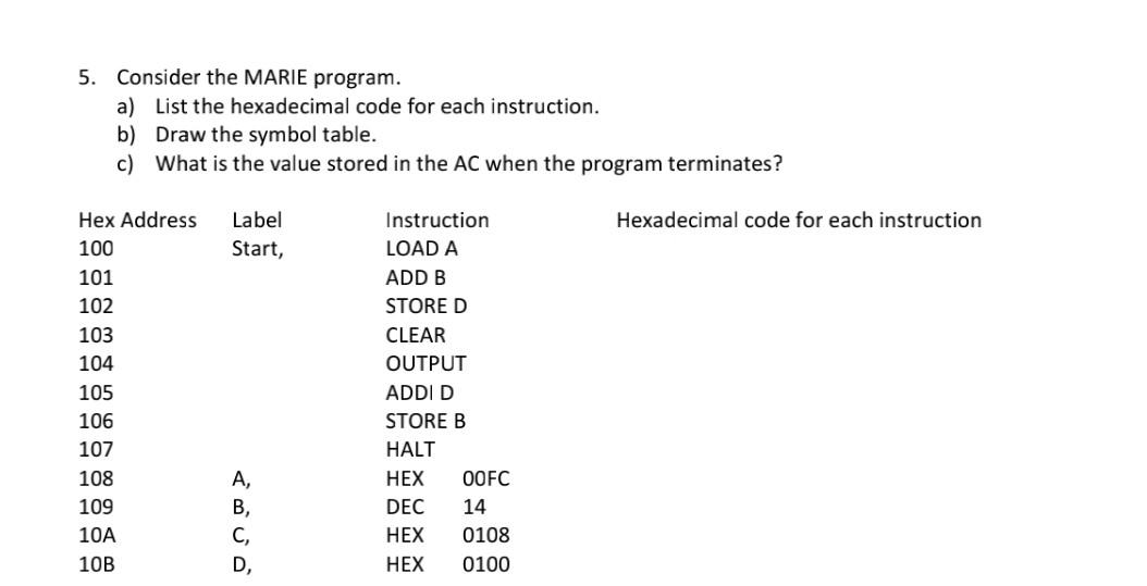 Solved 5. Consider the MARIE program. a) List the | Chegg.com