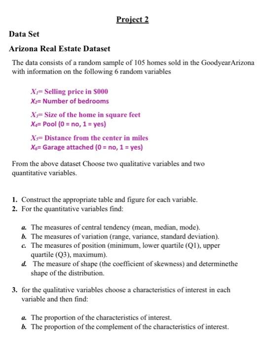 Project 2 Data Set Arizona Real Estate Dataset The | Chegg.com