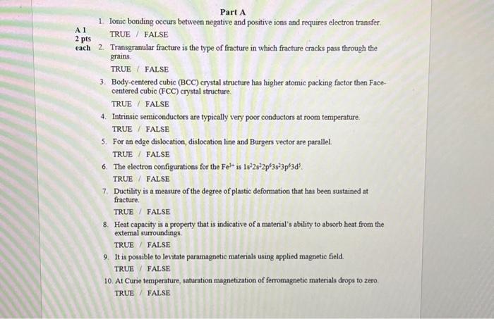 Solved Part A 1. Ionic bonding occurs between negative and | Chegg.com