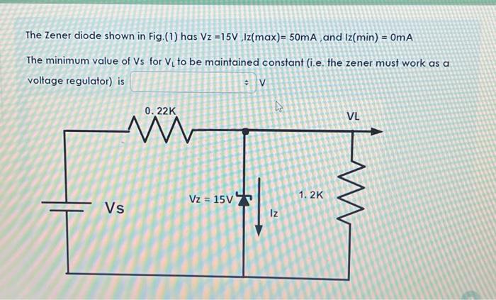 Solved The Zener diode shown in Fig. (1) has Vz=15 | Chegg.com
