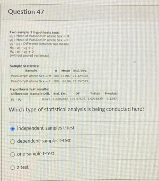 Solved Two Sample T Hypothesis Test μ2 Mean Of Passcompe