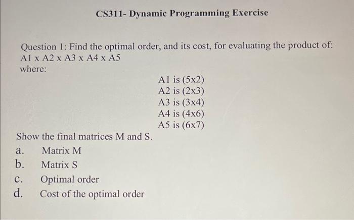 Solved Question 1: Find the optimal order, and its cost, for | Chegg.com
