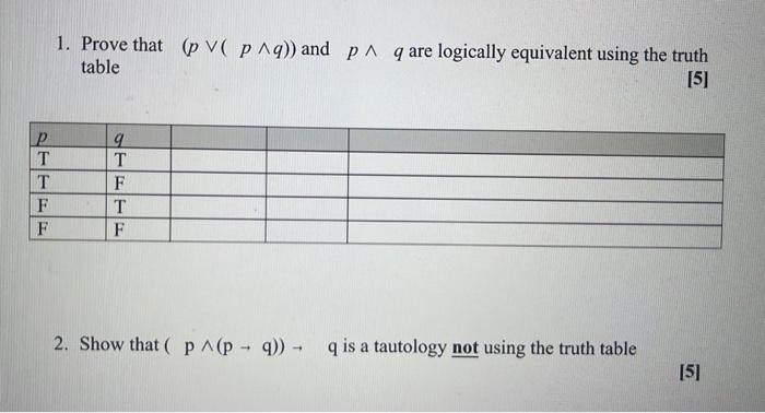 Solved 1. Prove that (p∨(p∧q)) and p∧q are logically | Chegg.com