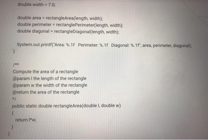 Solved Complete the methods rectangleArea, | Chegg.com