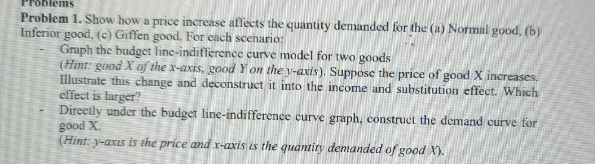Solved Problem 1. Show how a price increase affects the | Chegg.com