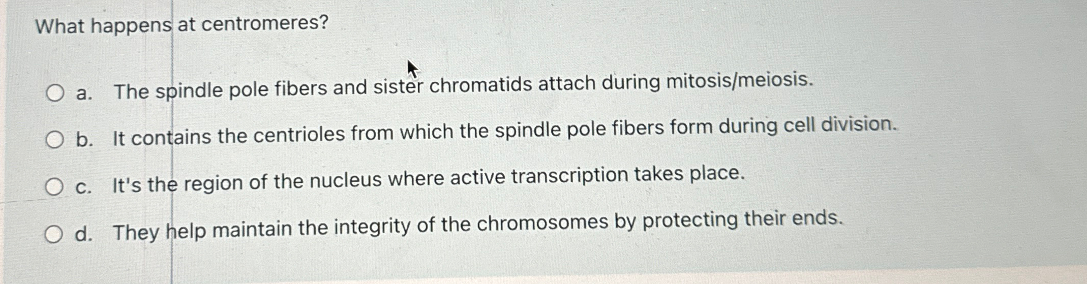 Solved What happens at centromeres? a. ﻿The spindle pole | Chegg.com