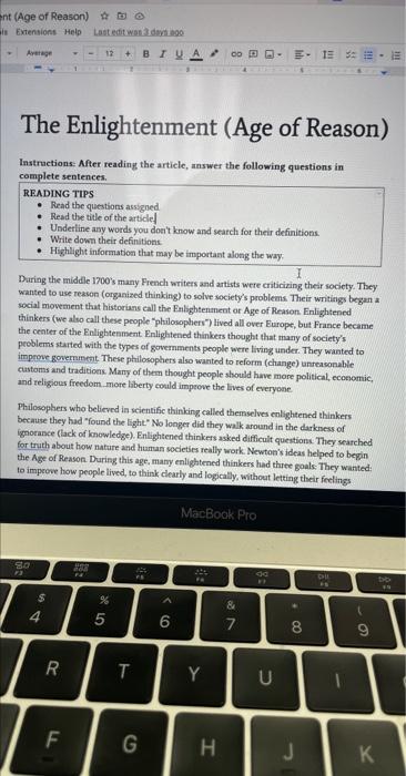 The Enlightenment (Age of Reason) Instructions: After | Chegg.com