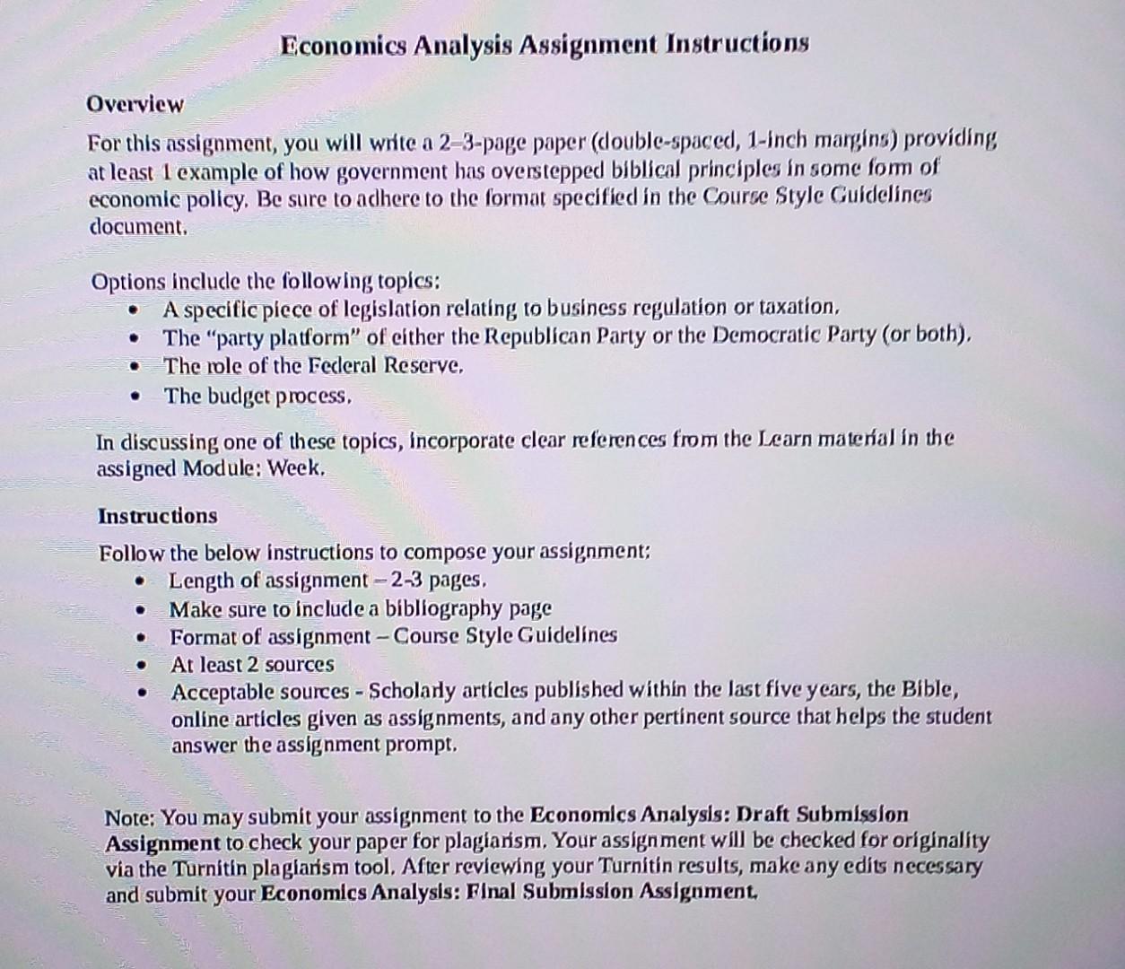 Economics Analysis Assignment Instructions Overview | Chegg.com