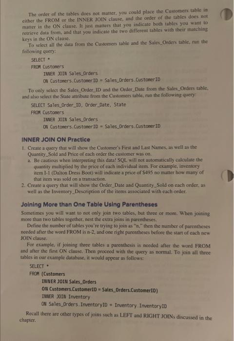 The order of the tables does not matter, you conld | Chegg.com