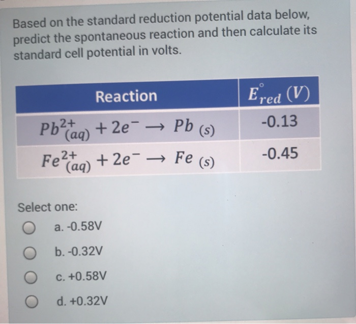 Solved Based on the standard reduction potential data below, | Chegg.com