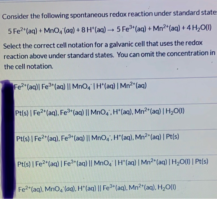 Solved Consider the following spontaneous redox reaction | Chegg.com