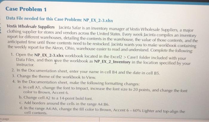 Case Problem 1 Data File needed for this Case | Chegg.com