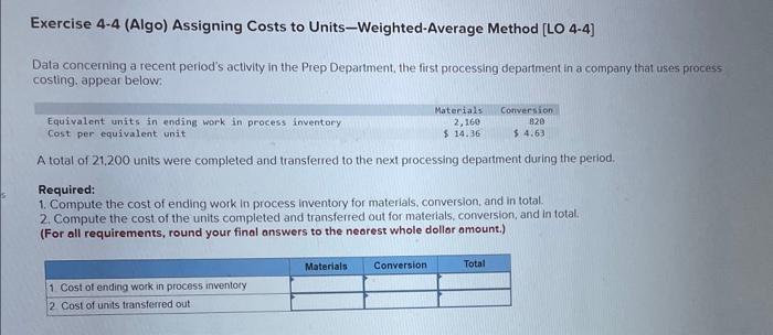 Solved Exercise 4-4 (Algo) Assigning Costs to | Chegg.com Solved Exercise 4-4 (Algo) Assigning Costs to | Chegg.com