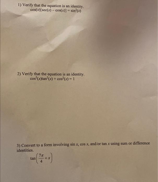 [Solved]: Answer 1-5 [ cos (x)[ sec (x)- cos (x)]= sin ^{2