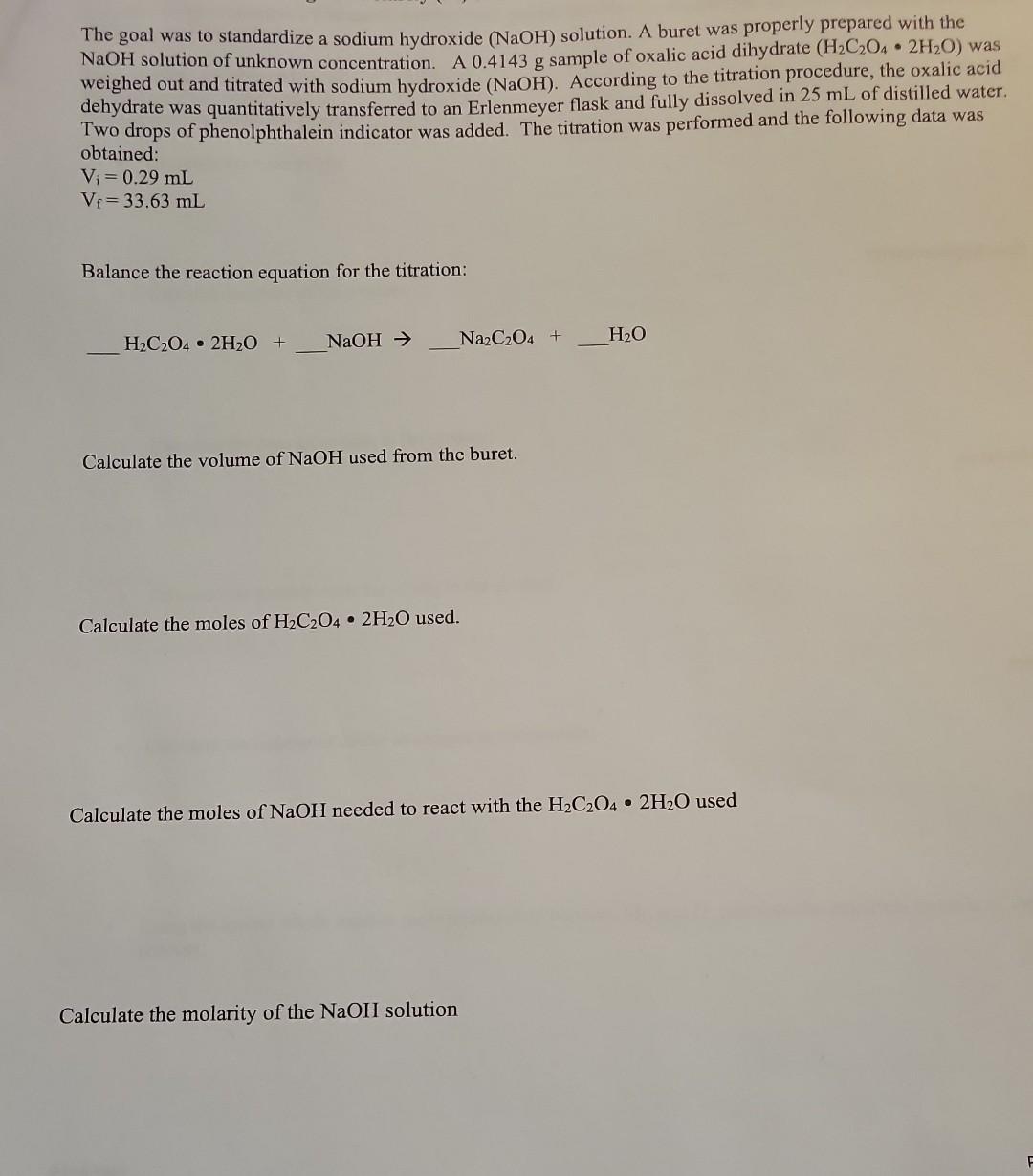 Solved The goal was to standardize a sodium hydroxide (NaOH) | Chegg.com