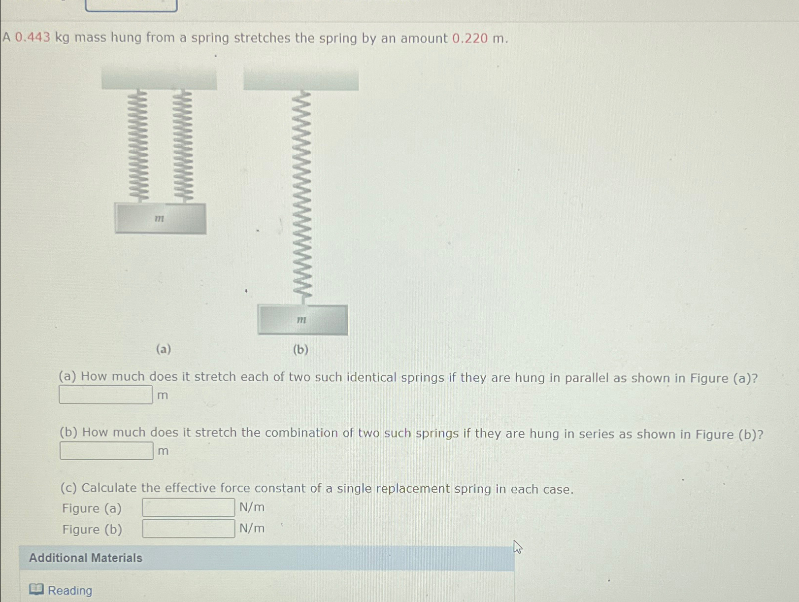 Solved A 0.443kg ﻿mass hung from a spring stretches the | Chegg.com