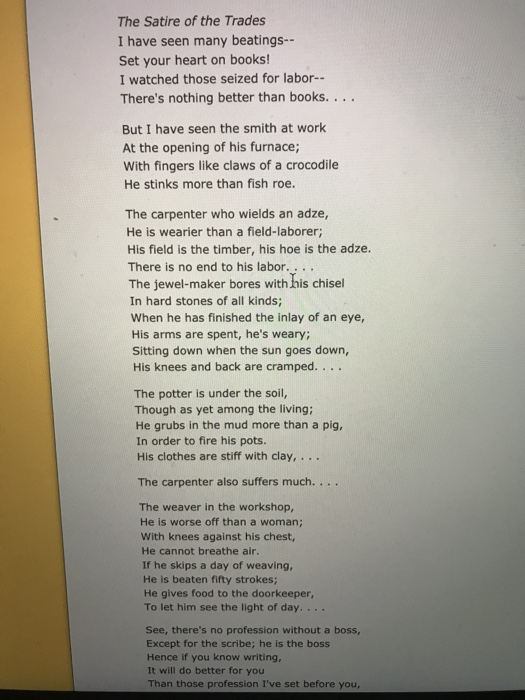 Solved The Satire of the Trades I have seen many beatings-- | Chegg.com