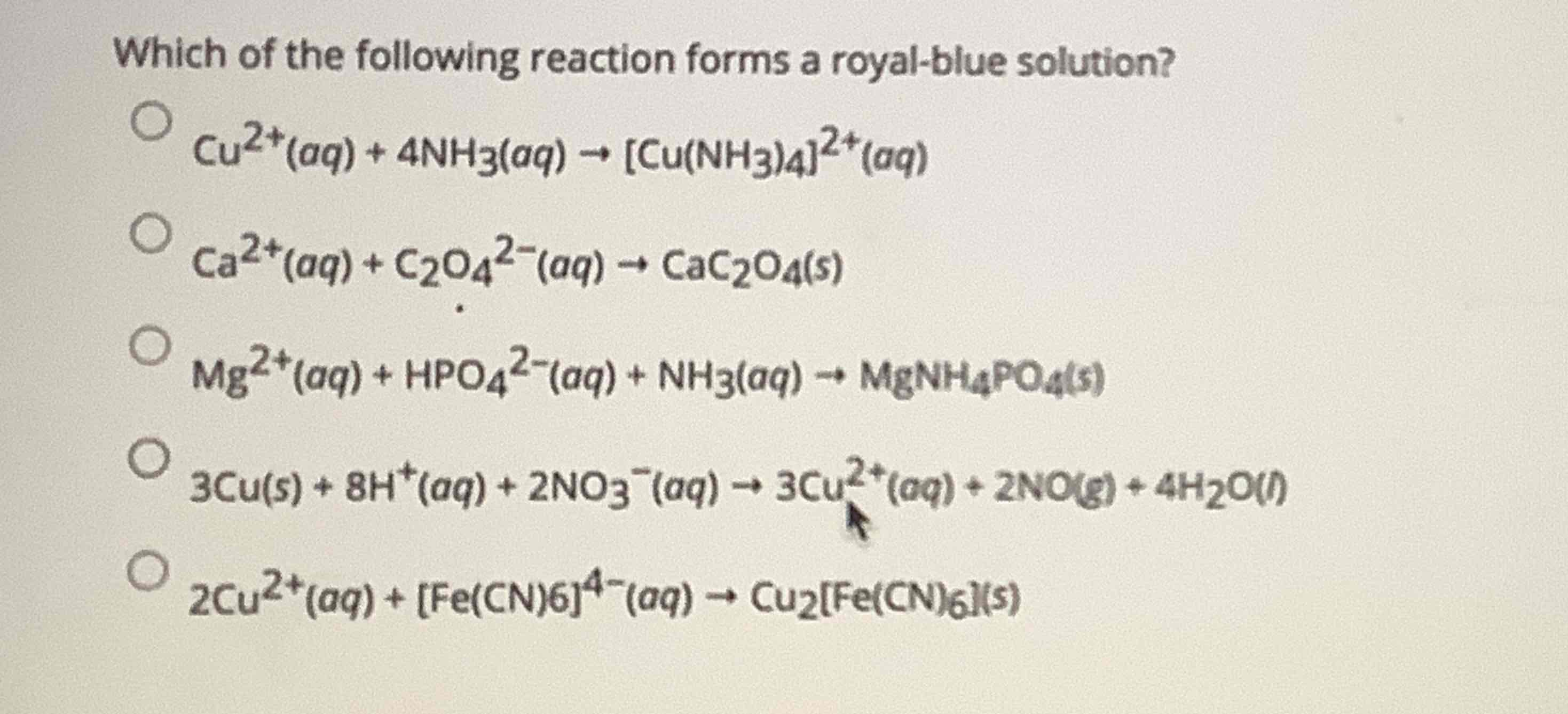 Solved Which of the following reaction forms a royal-blue | Chegg.com