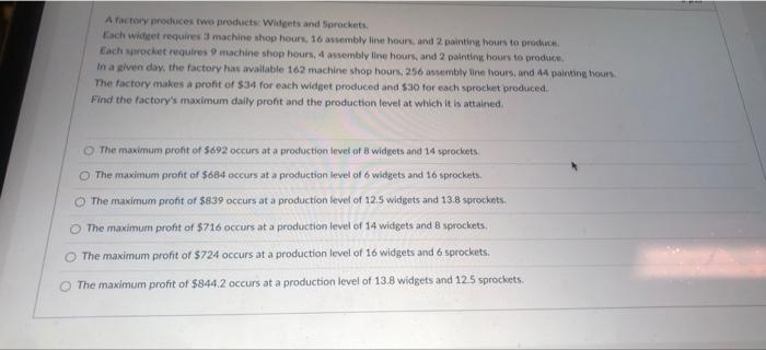 Solved A Factory produces two products Widgets and Sprockets | Chegg.com