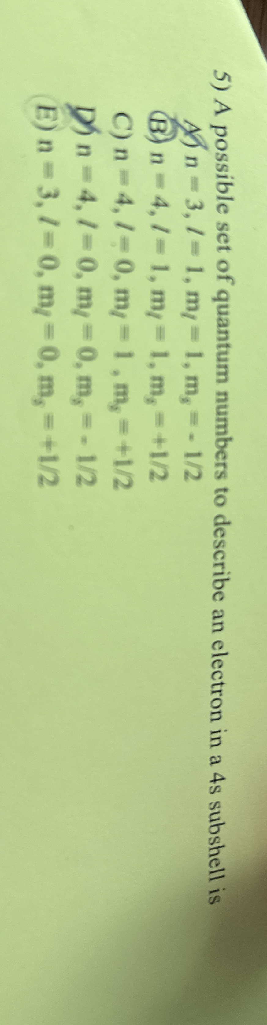 Solved A possible set of quantum numbers to describe an | Chegg.com