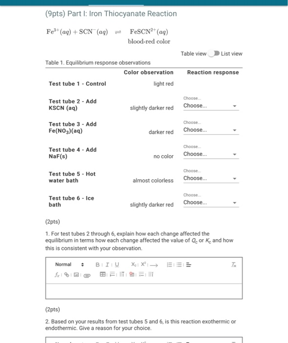 Solved (9pts) Part I: Iron Thiocyanate Reaction Fe3+ (aq) + | Chegg.com