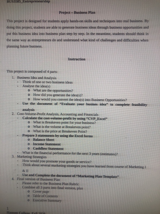 BUS3585_Entrepreneurship Project - Business Plan This | Chegg.com