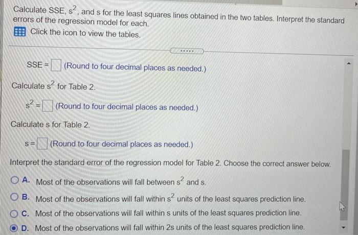 Solved Calculate SSE, S2, and s for the least squares lines | Chegg.com