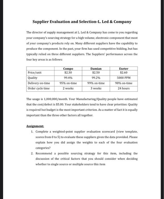 Solved Supplier Evaluation and Selection-L. Led \& Company | Chegg.com
