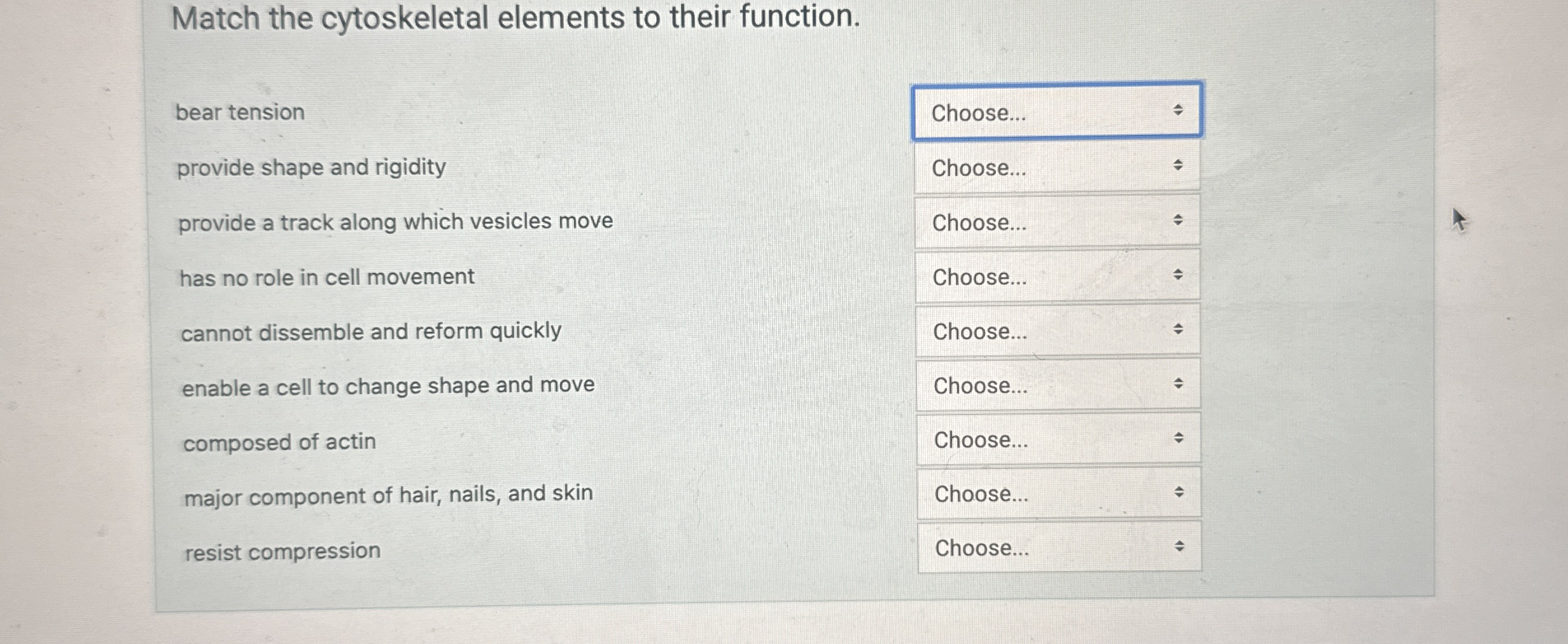 Solved Match the cytoskeletal elements to their | Chegg.com