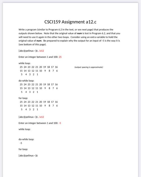 Solved CSCl159 Assignment a12.c Write a program (similar to | Chegg.com