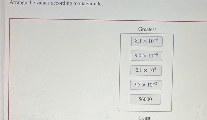 Solved Arrange the values according to magnitude. Greatest | Chegg.com Solved Arrange the values according to magnitude. Greatest | Chegg.com