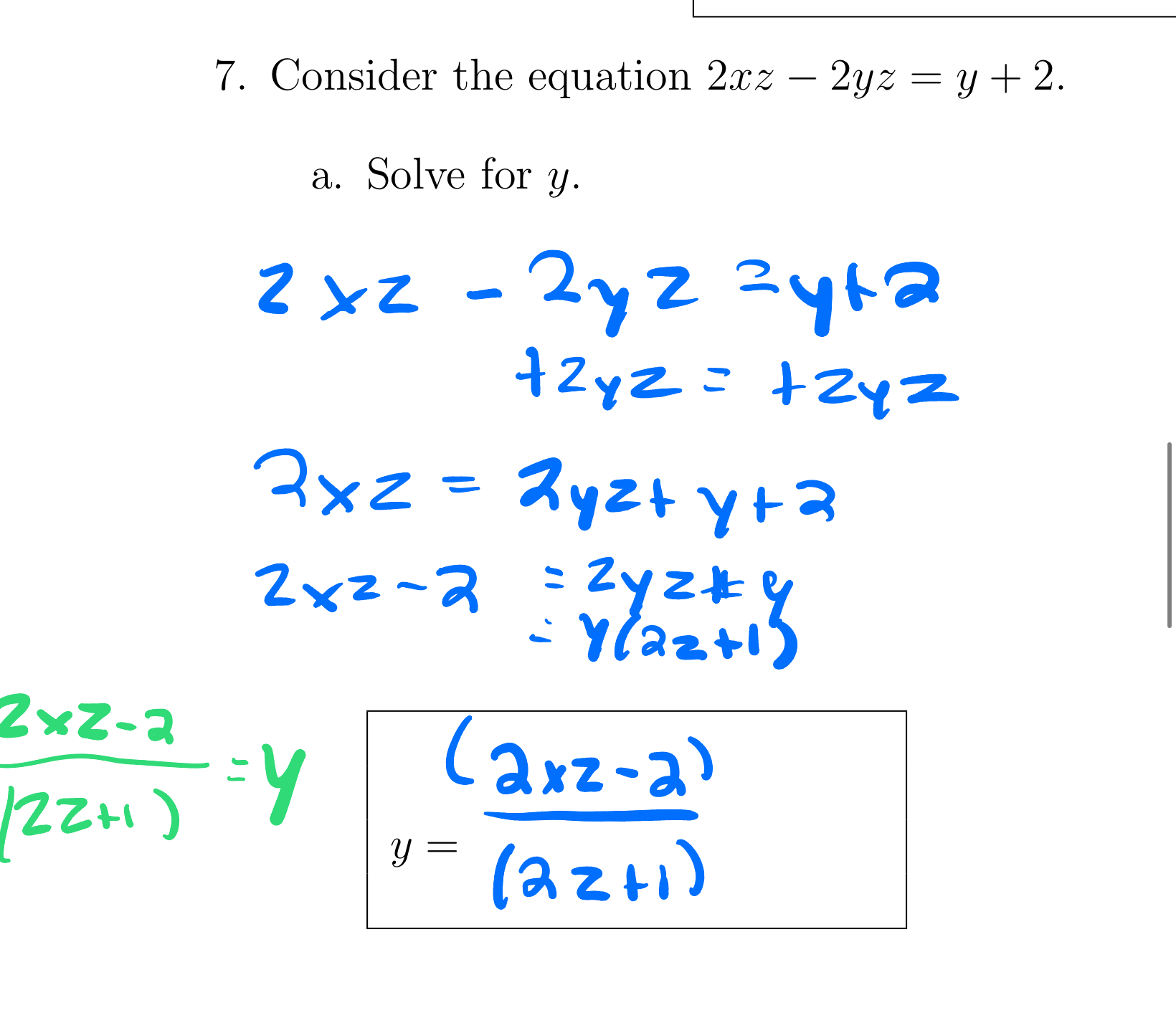 Solved Consider the equation 2xz-2yz=y+2.a. ﻿Solve for | Chegg.com