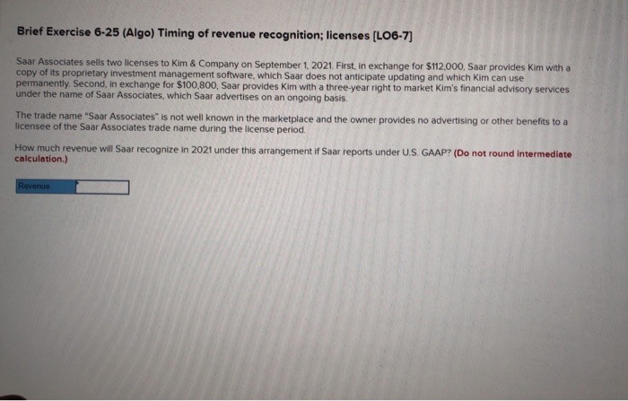 Solved Brief Exercise 6-24 (Algo) Timing of revenue | Chegg.com