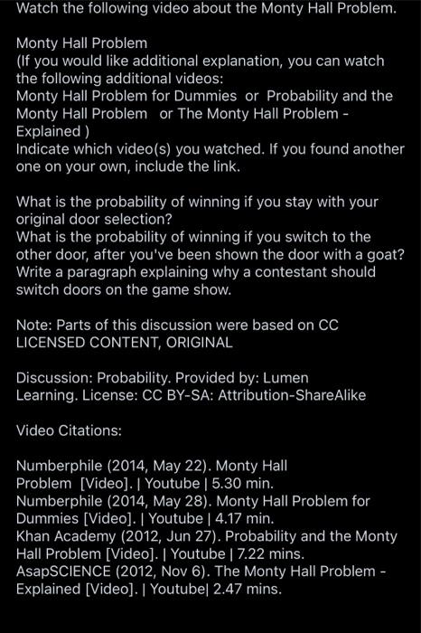 Solved The Monty Hall problem is a brain teaser, in the form | Chegg.com