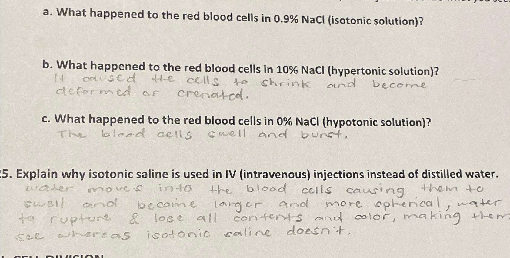 Solved a. ﻿What happened to the red blood cells in 0.9%NaCl | Chegg.com