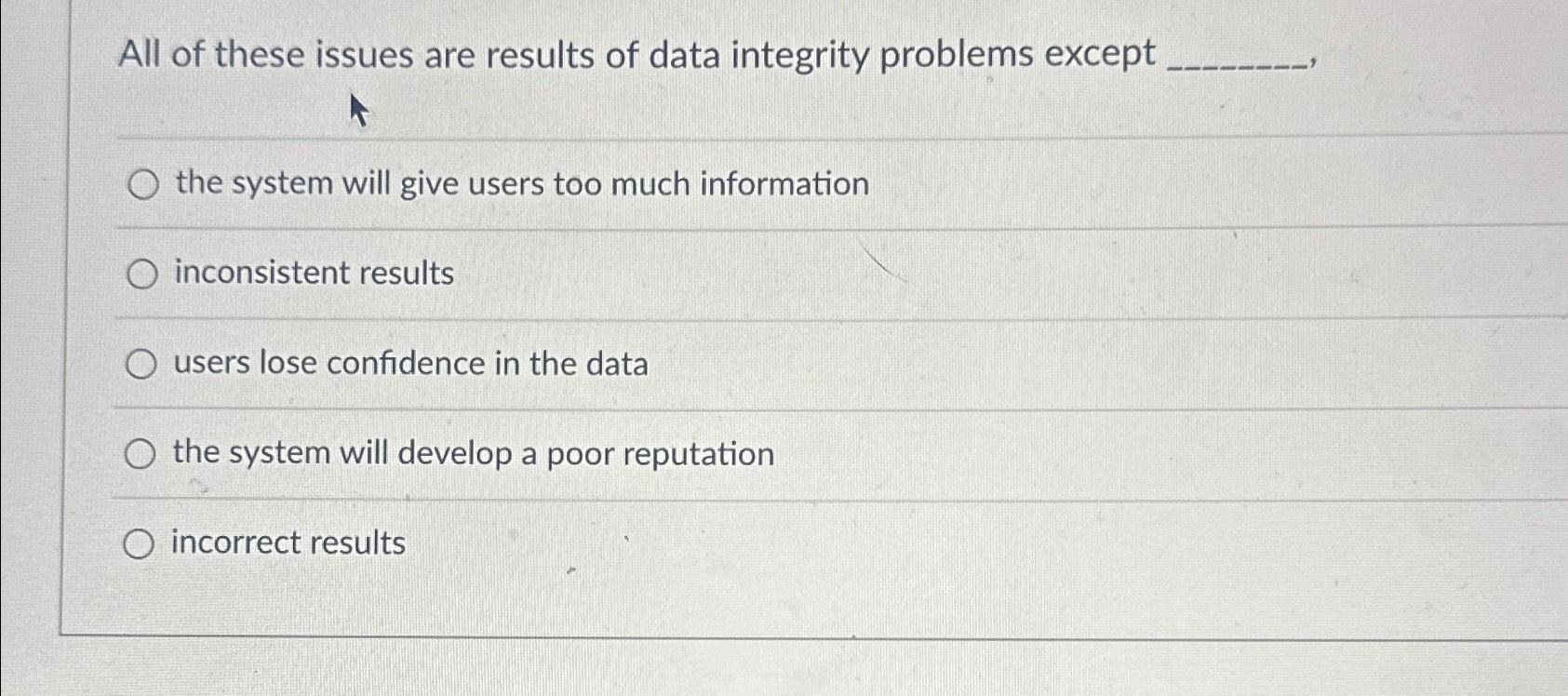 Solved All of these issues are results of data integrity | Chegg.com