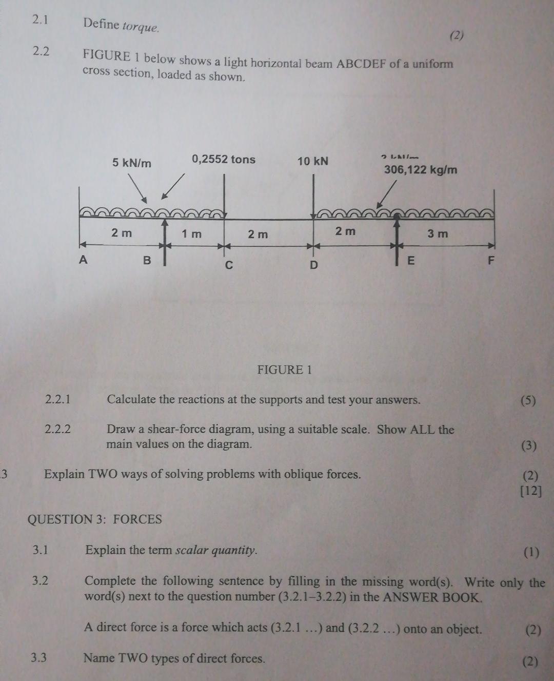 Solved 2.1 Define torque. (2) 2.2 FIGURE 1 below shows a | Chegg.com
