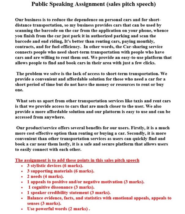 Public Speaking Assignment (sales pitch speech) Our | Chegg.com
