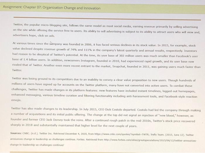 Solved Assignment Chapter 07: Organization Change and | Chegg.com