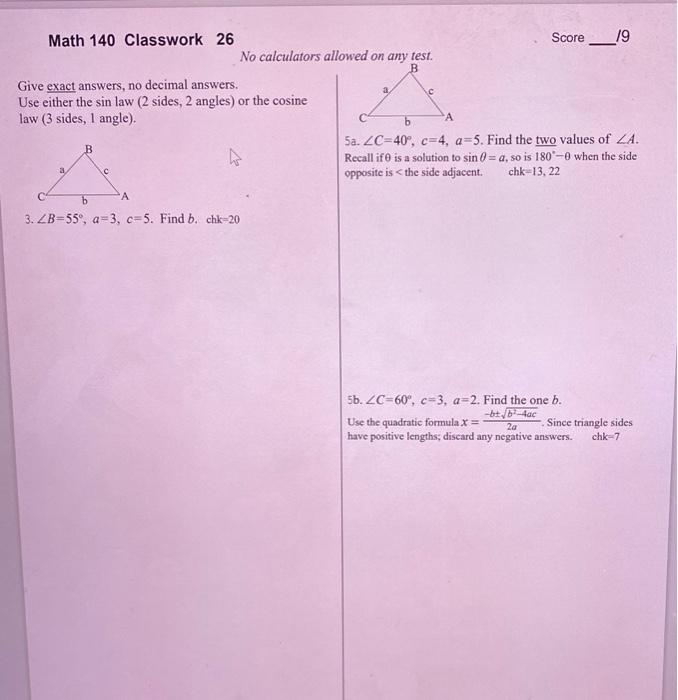 Solved a c Math 140 Classwork 26 Score 19 No calculators | Chegg.com