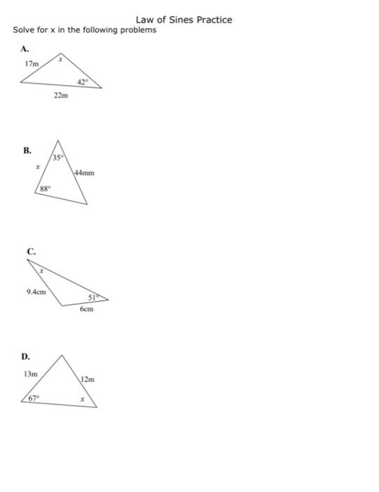 Solved Law of Sines Practice Solve for x in the following | Chegg.com