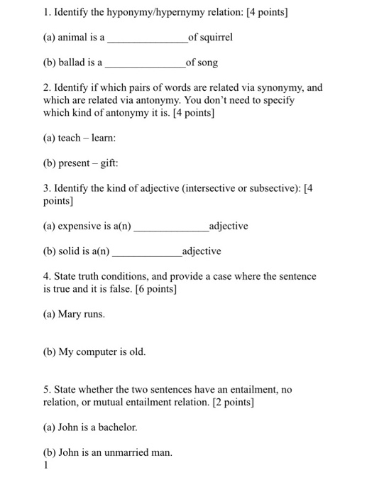 1. Identify the hyponymy/hypernymy relation: [4 | Chegg.com