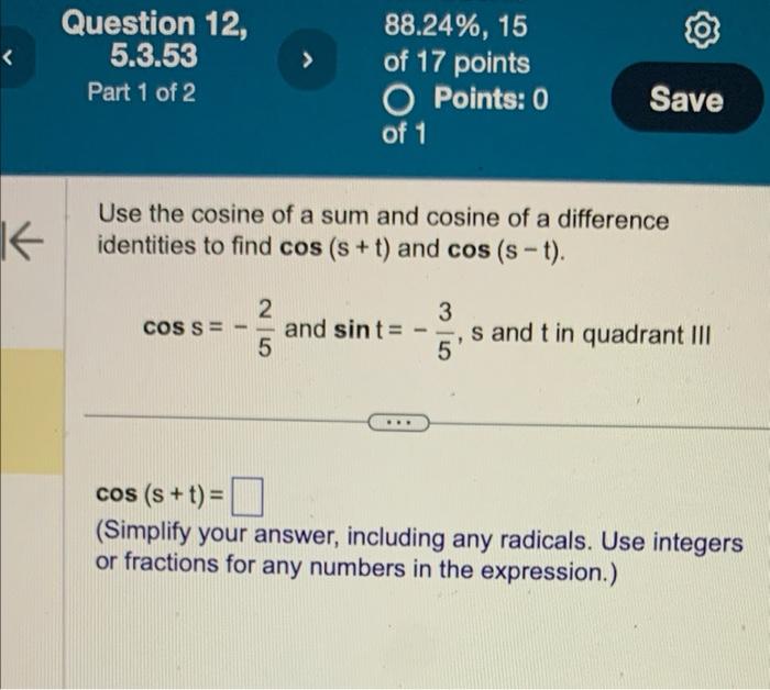 Solved Use the cosine of a sum and cosine of a difference | Chegg.com
