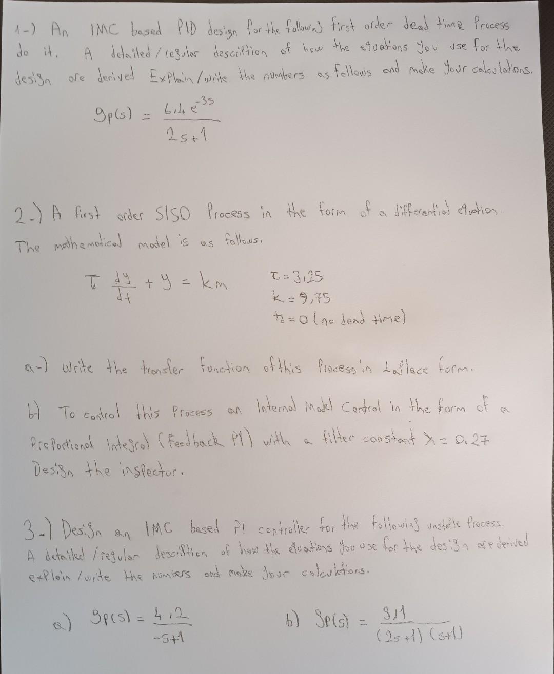 Solved 1-) An IMC based PID design for the following first | Chegg.com