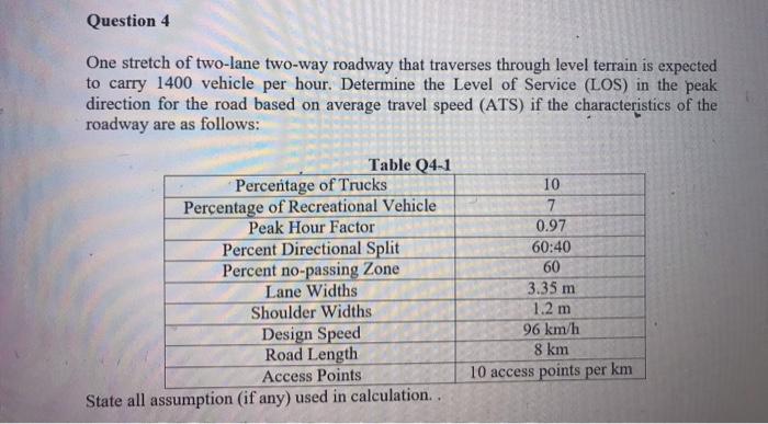 Solved Question 4 One stretch of two-lane two-way roadway | Chegg.com